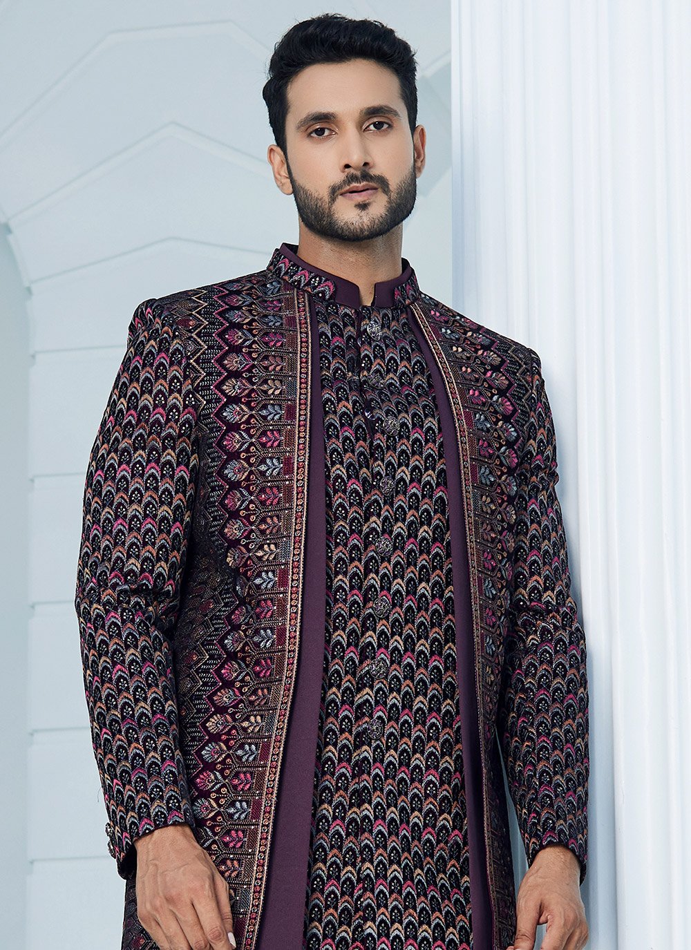 Velvet Thread Work Wine Indo Western Sherwani