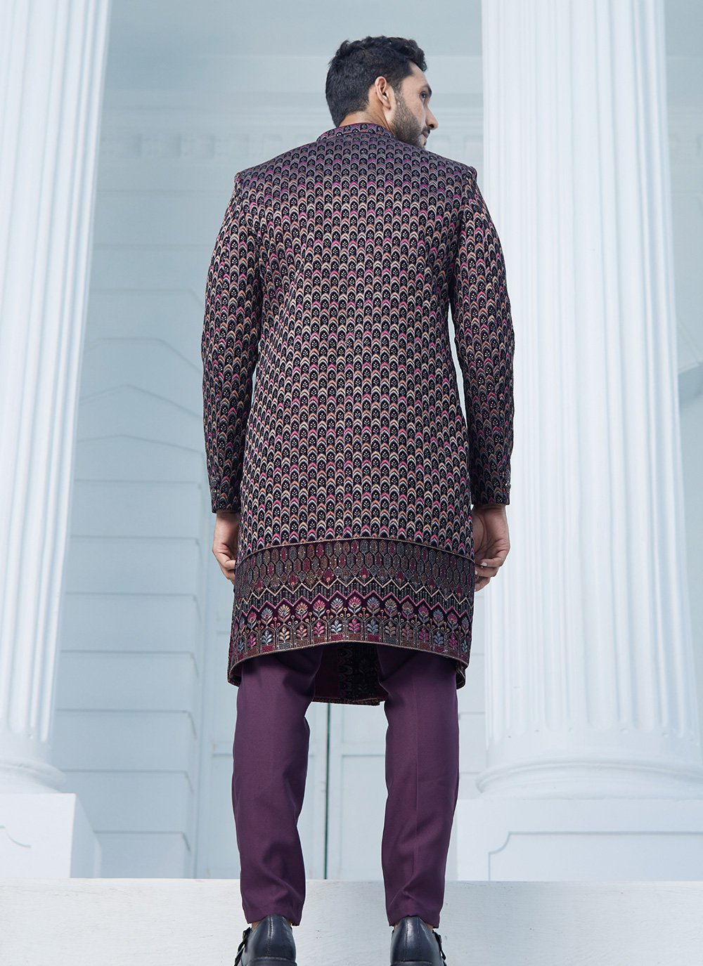 Velvet Thread Work Wine Indo Western Sherwani