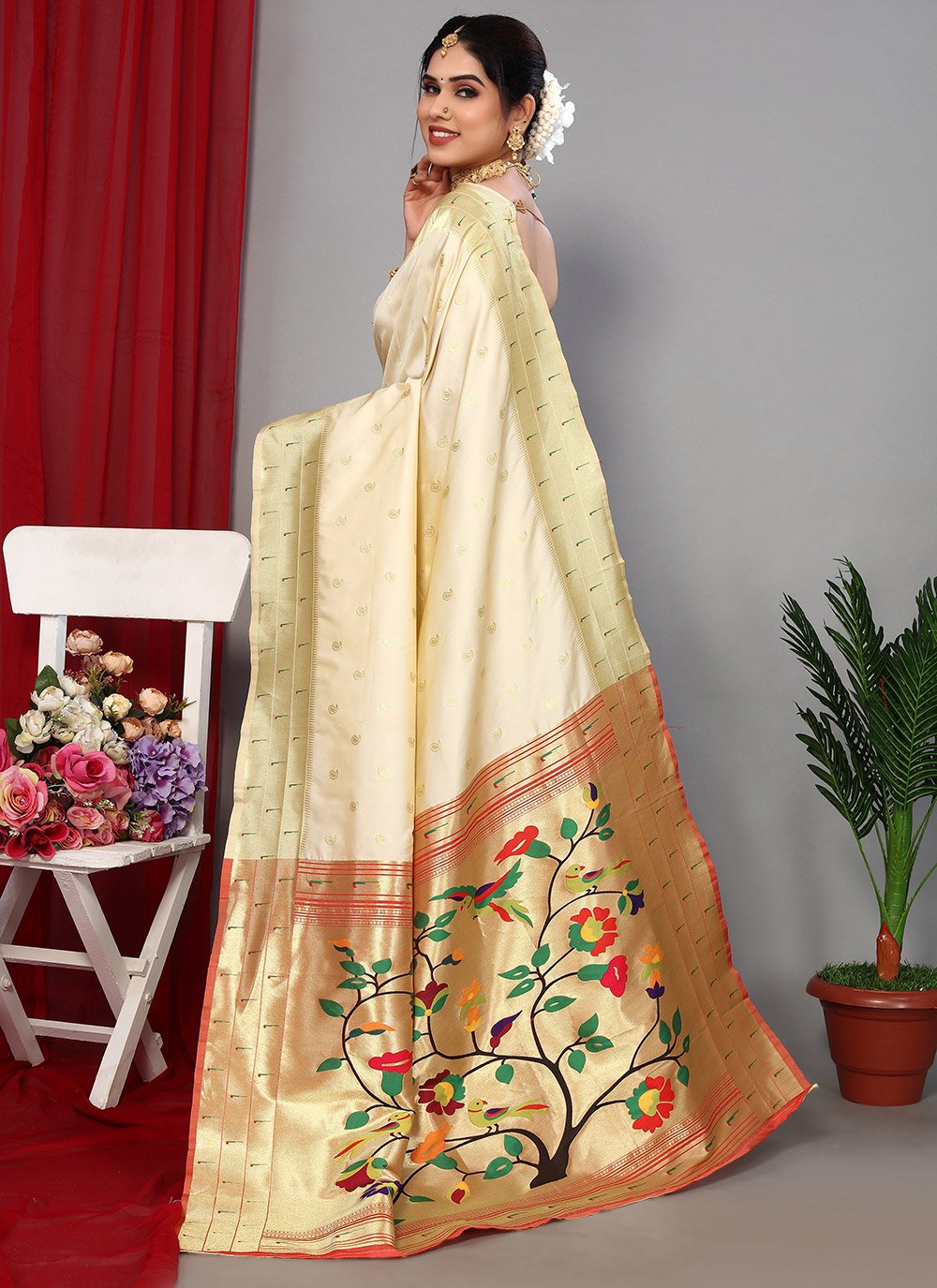 Amazing Weaving Cream Traditional Saree