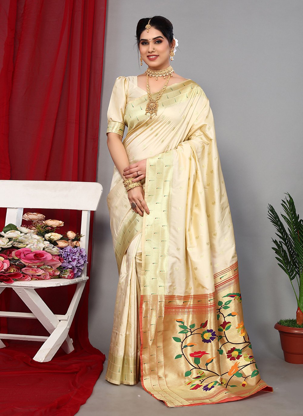 Amazing Weaving Cream Traditional Saree