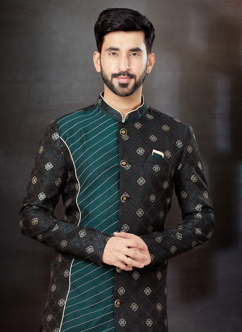 Black and Green Embroidered Mehndi Indo Western Sherwani