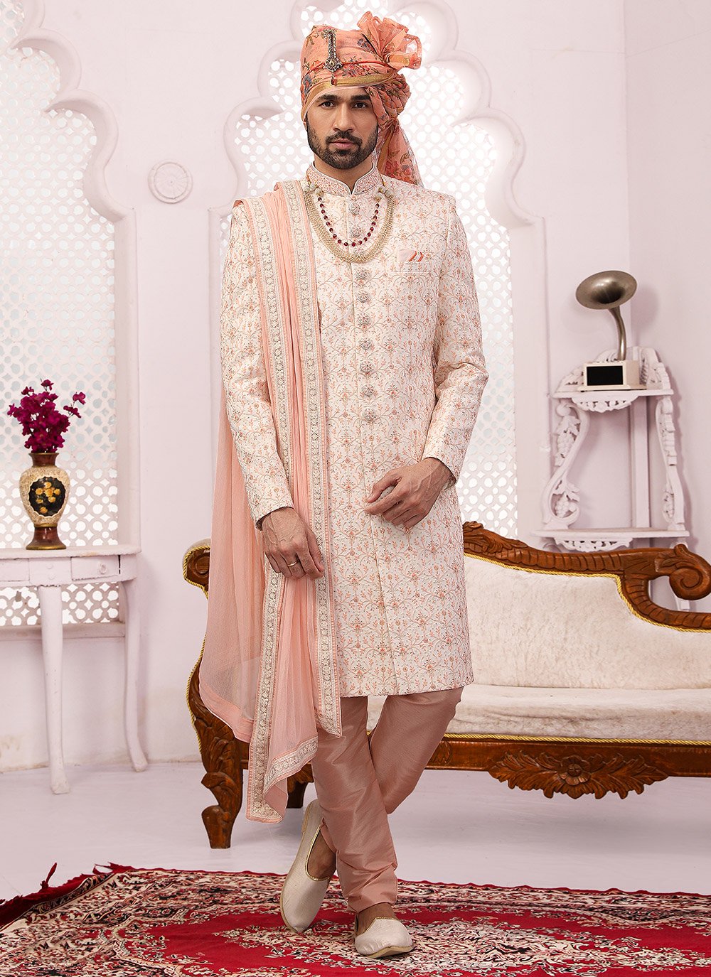 Cream Embroidered Sherwani