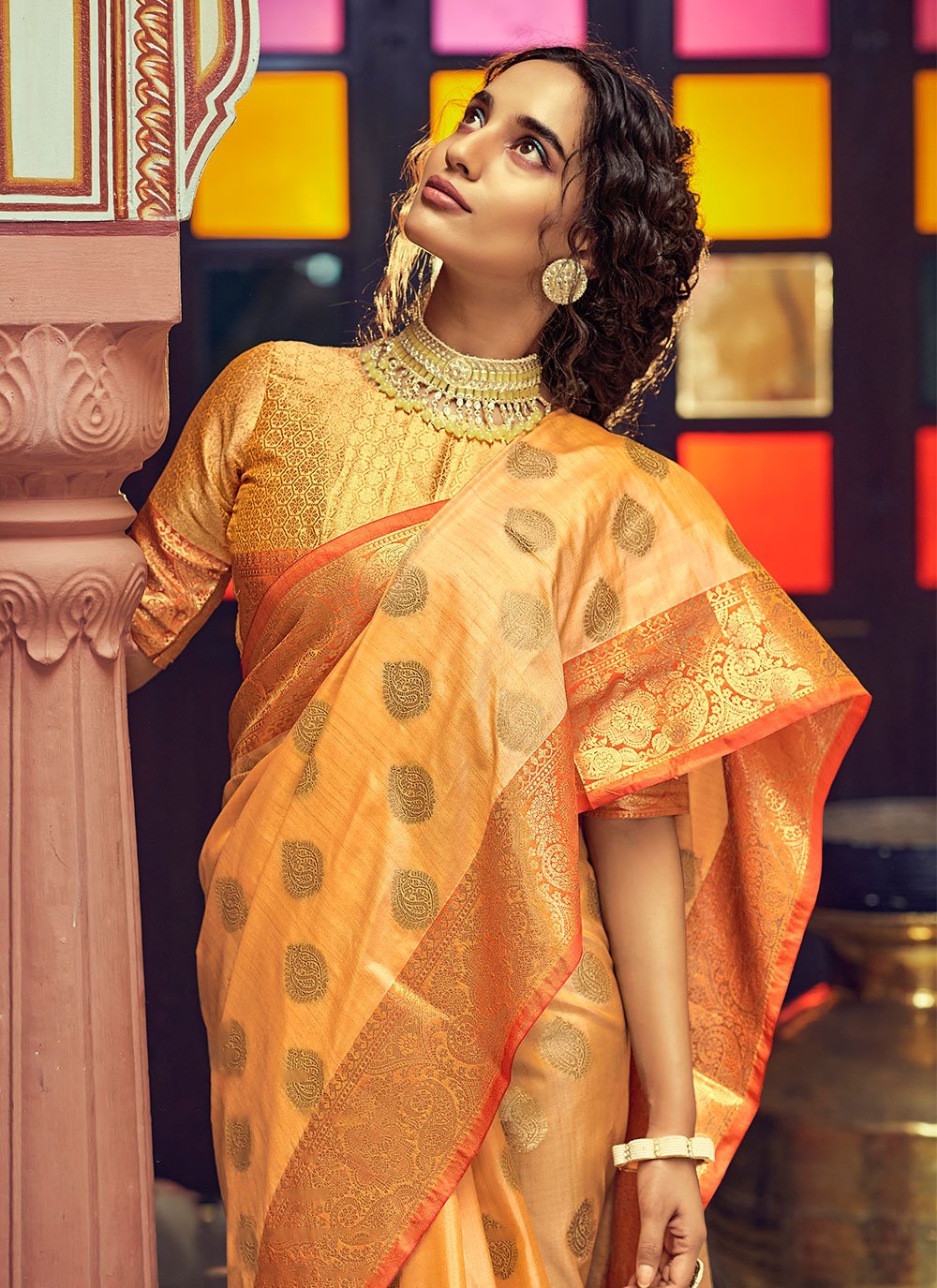 Customary Orange Weaving Classic Saree