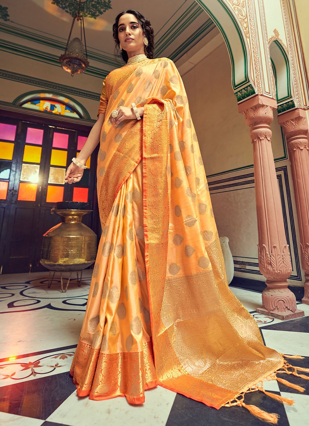 Customary Orange Weaving Classic Saree