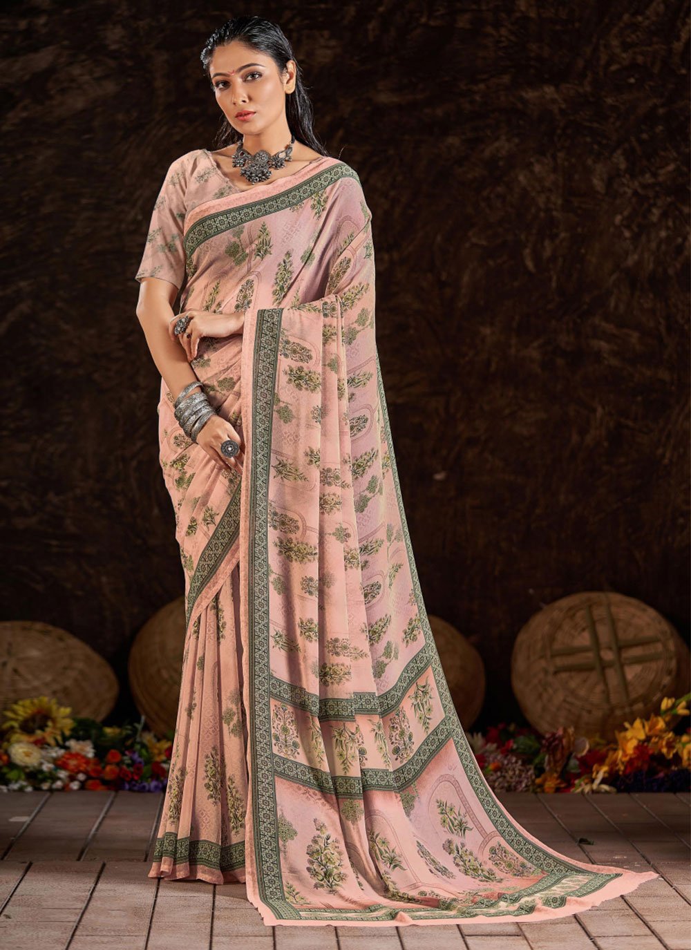 Exotic Peach Digital Print Contemporary Style Saree