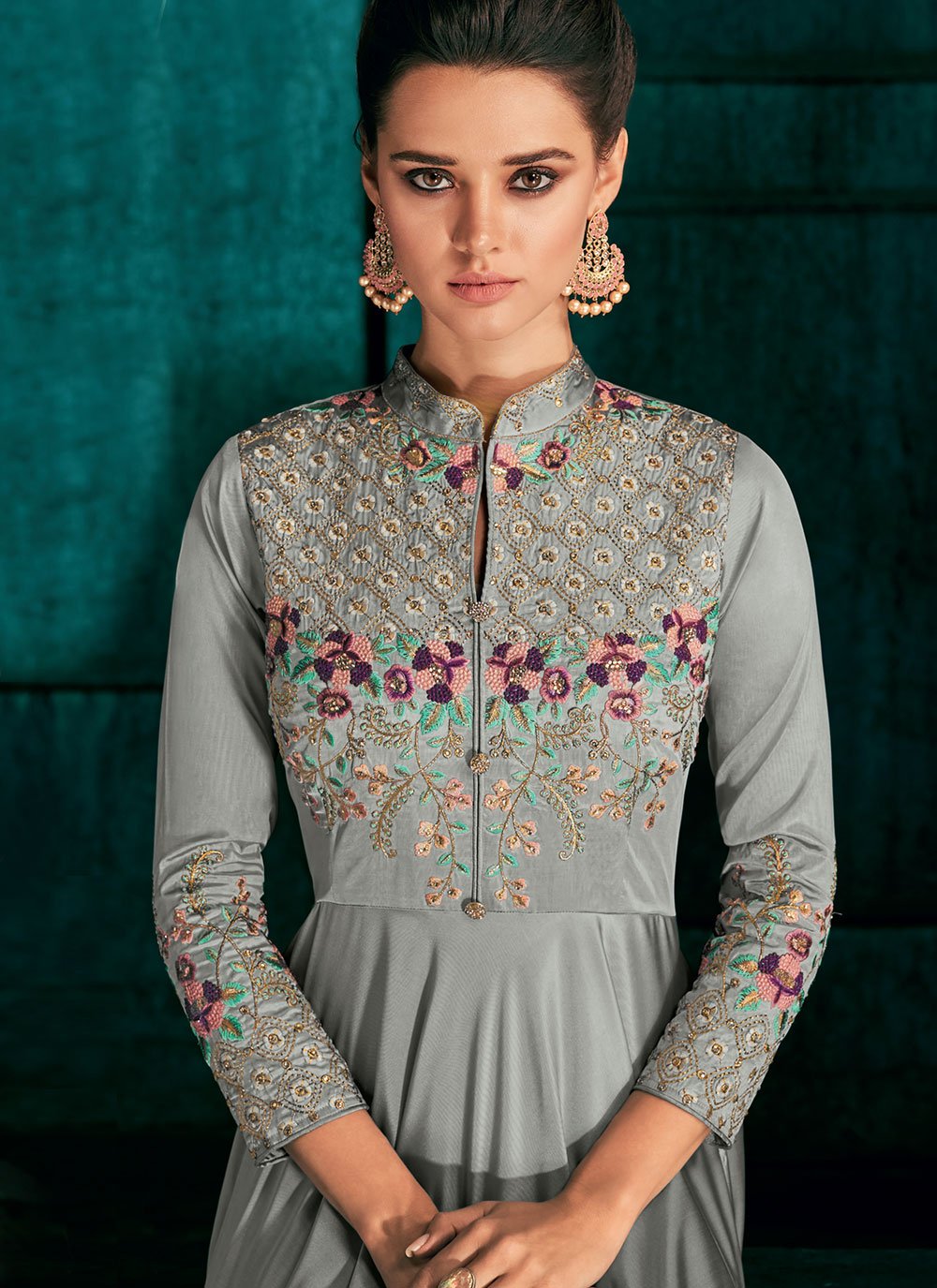 Flattering Grey Embroidered Readymade Gown
