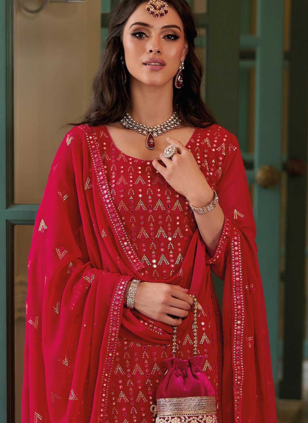 Georgette Red Resham Readymade Salwar Kameez