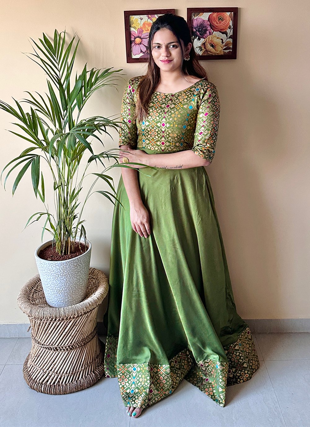 Glorious Weaving Green Rangoli Designer Gown