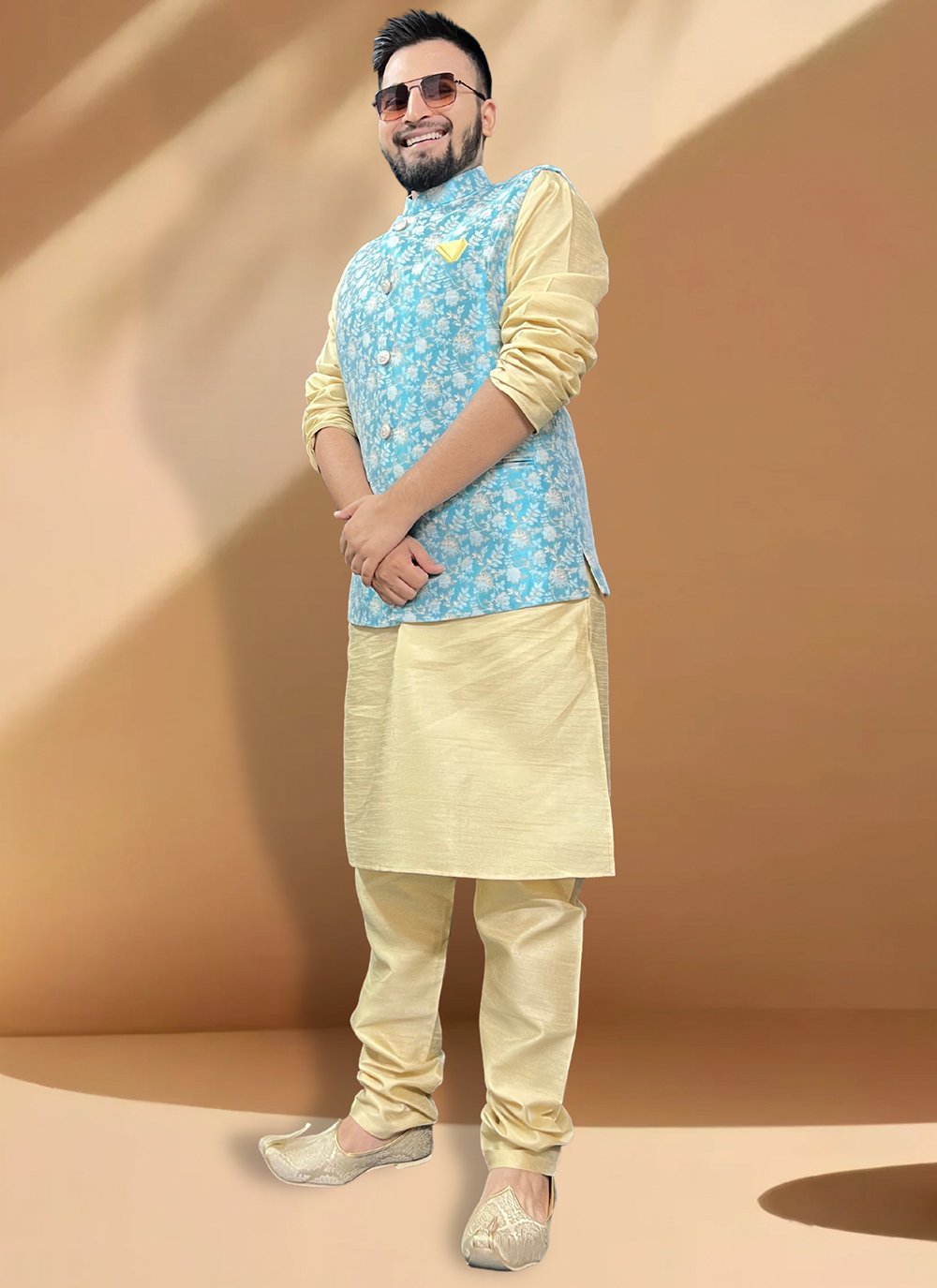 Gold and Turquoise Jacquard Fancy Kurta Payjama With Jacket