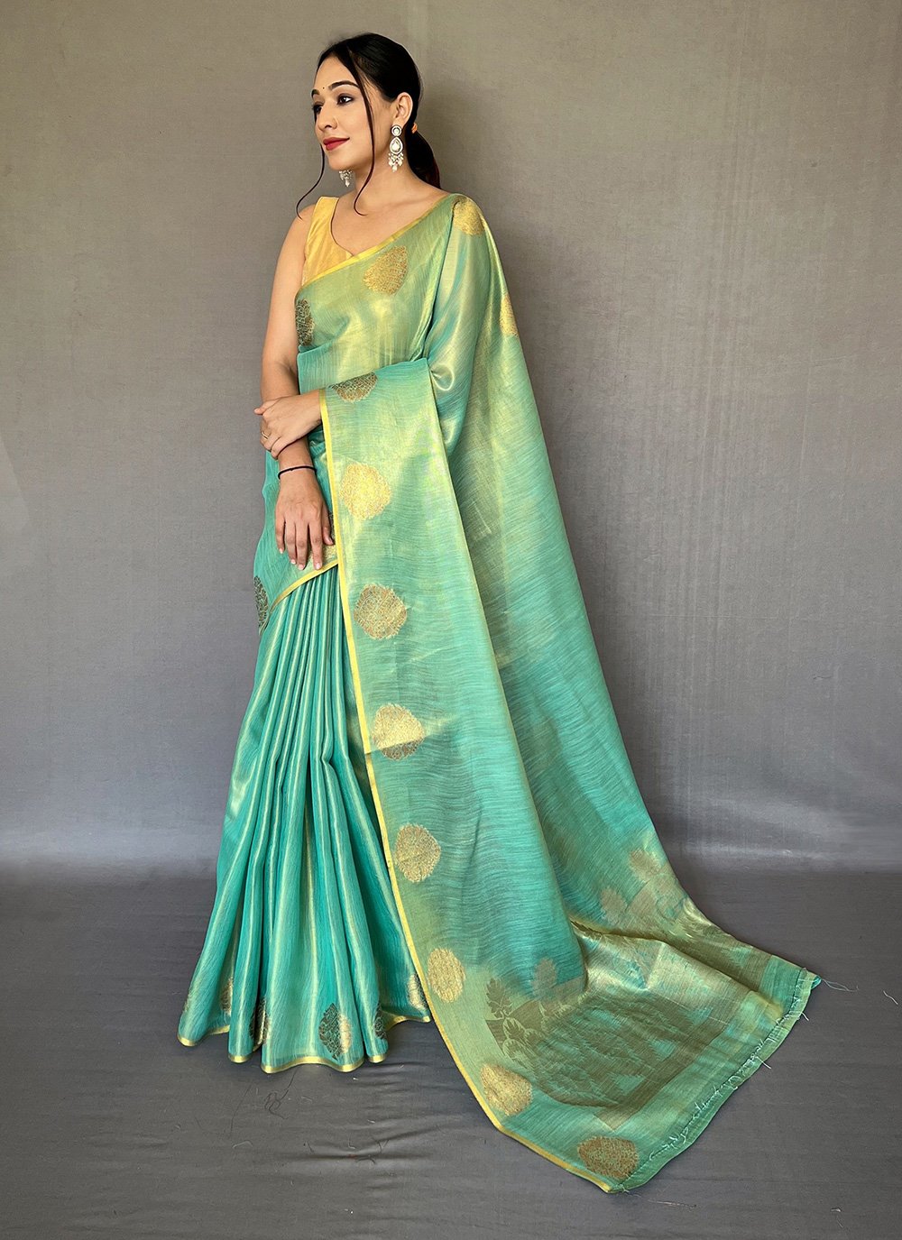 Green Ceremonial Tissue Trendy Saree