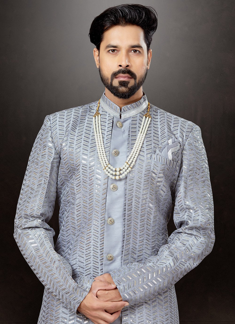 Grey Jacquard Thread Work Indo Western Sherwani