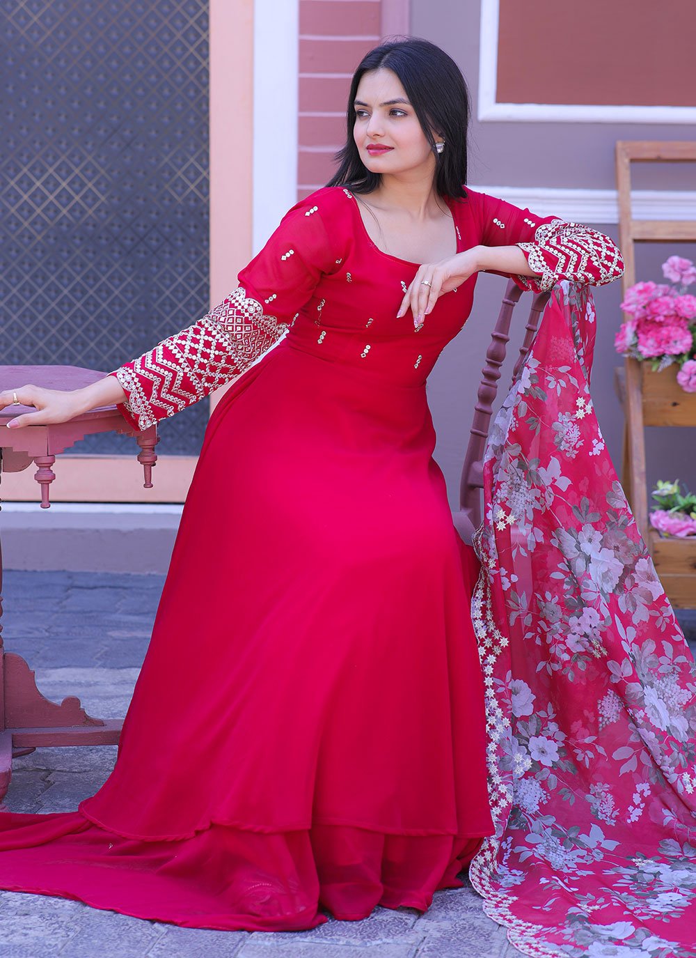 Organza Floral Print Hot Pink Readymade Gown