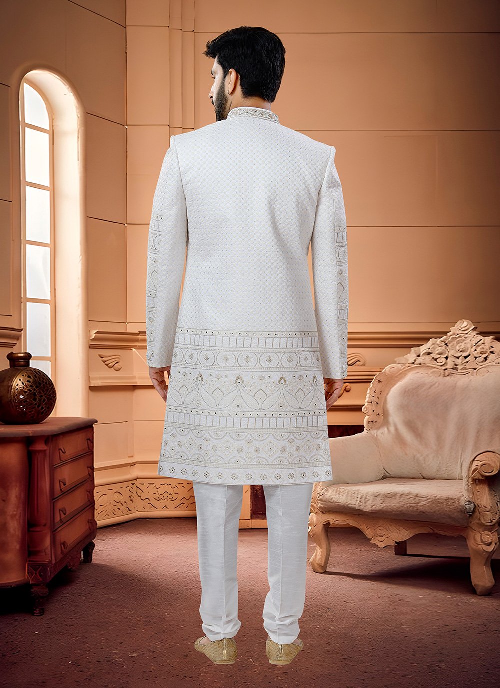 Silk White Indo Western Sherwani