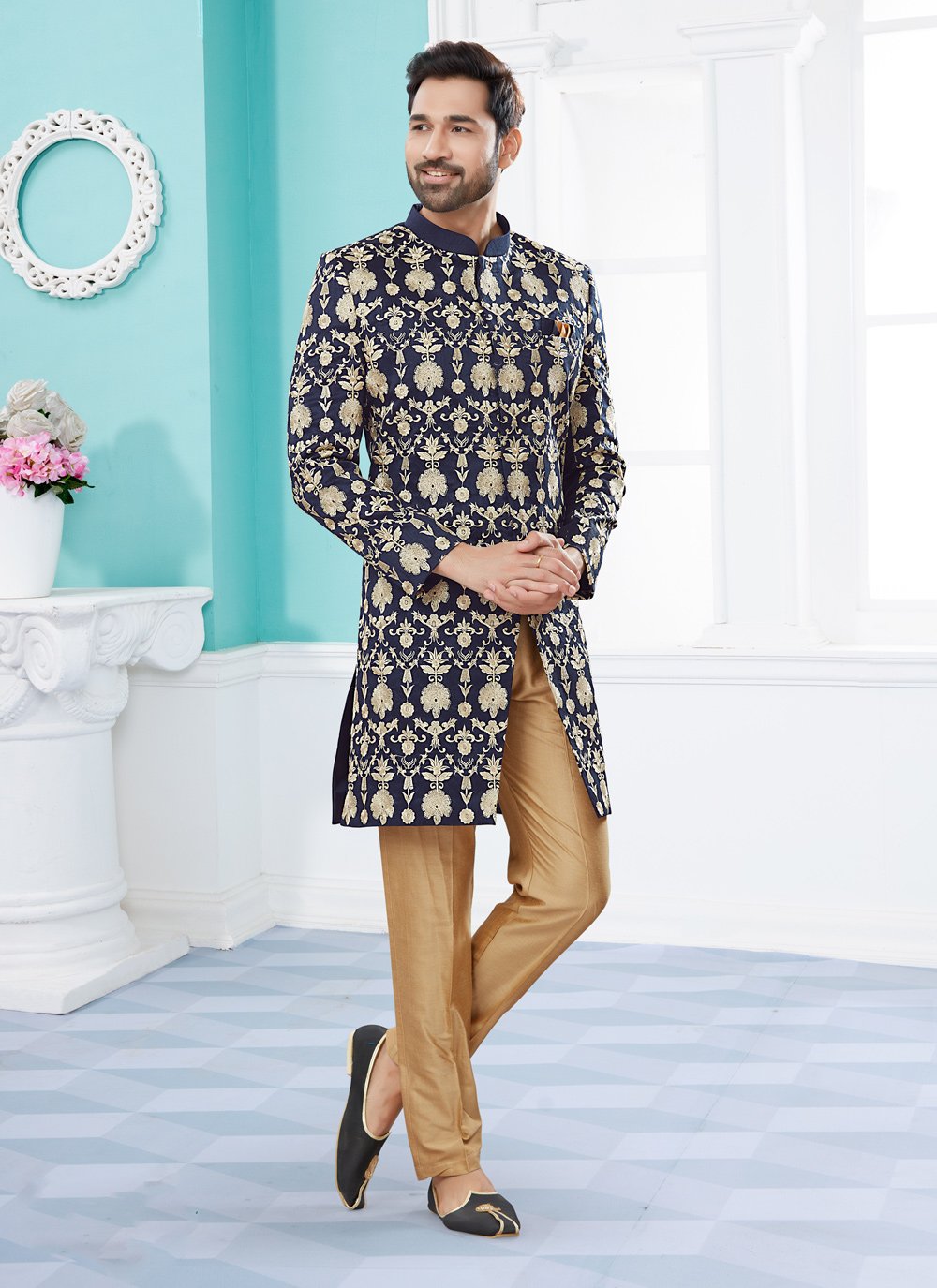 Velvet Navy Blue Machine Embroidery Indo Western Sherwani