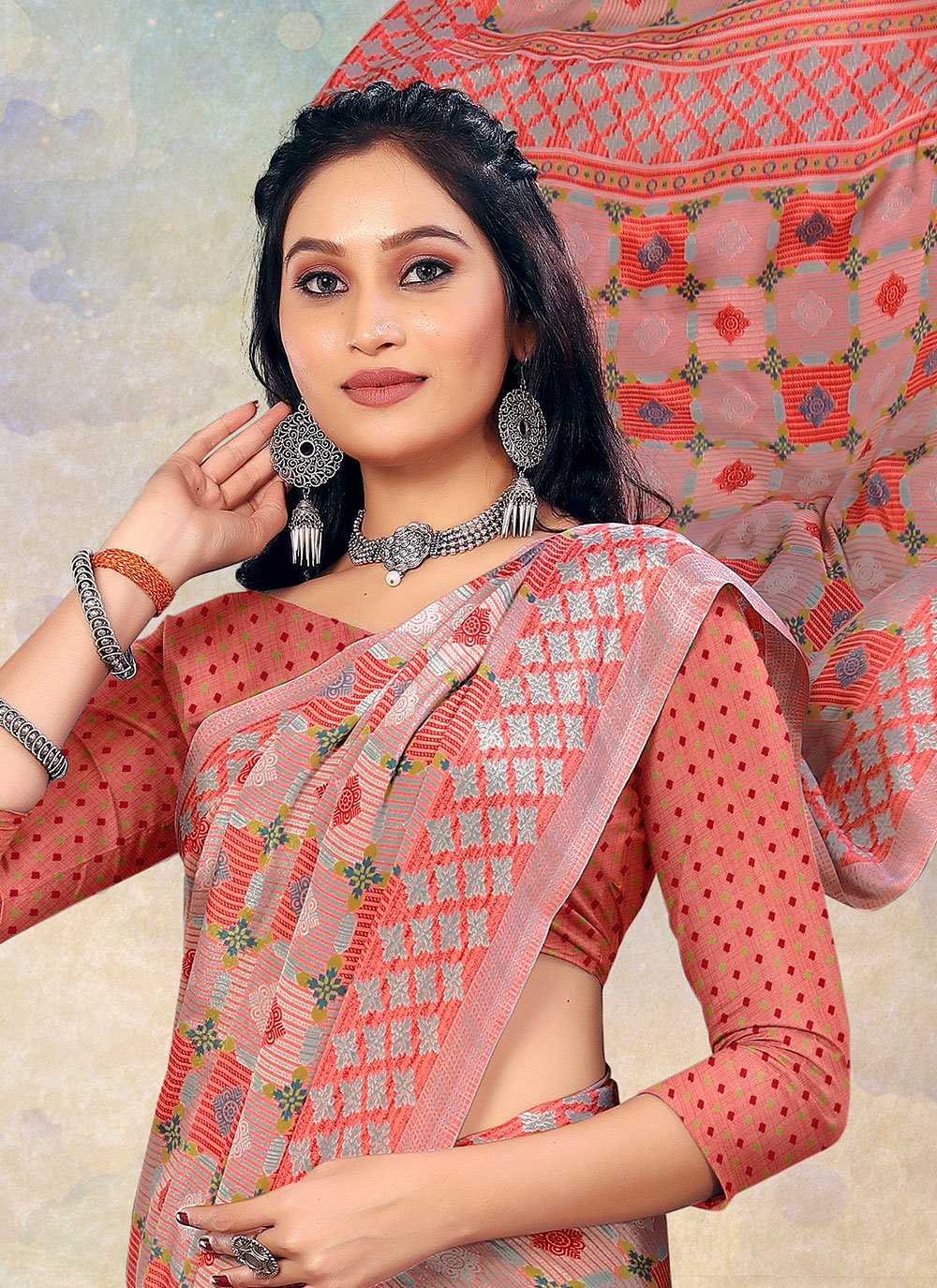 Vivacious Pink Printed Faux Crepe Classic Saree