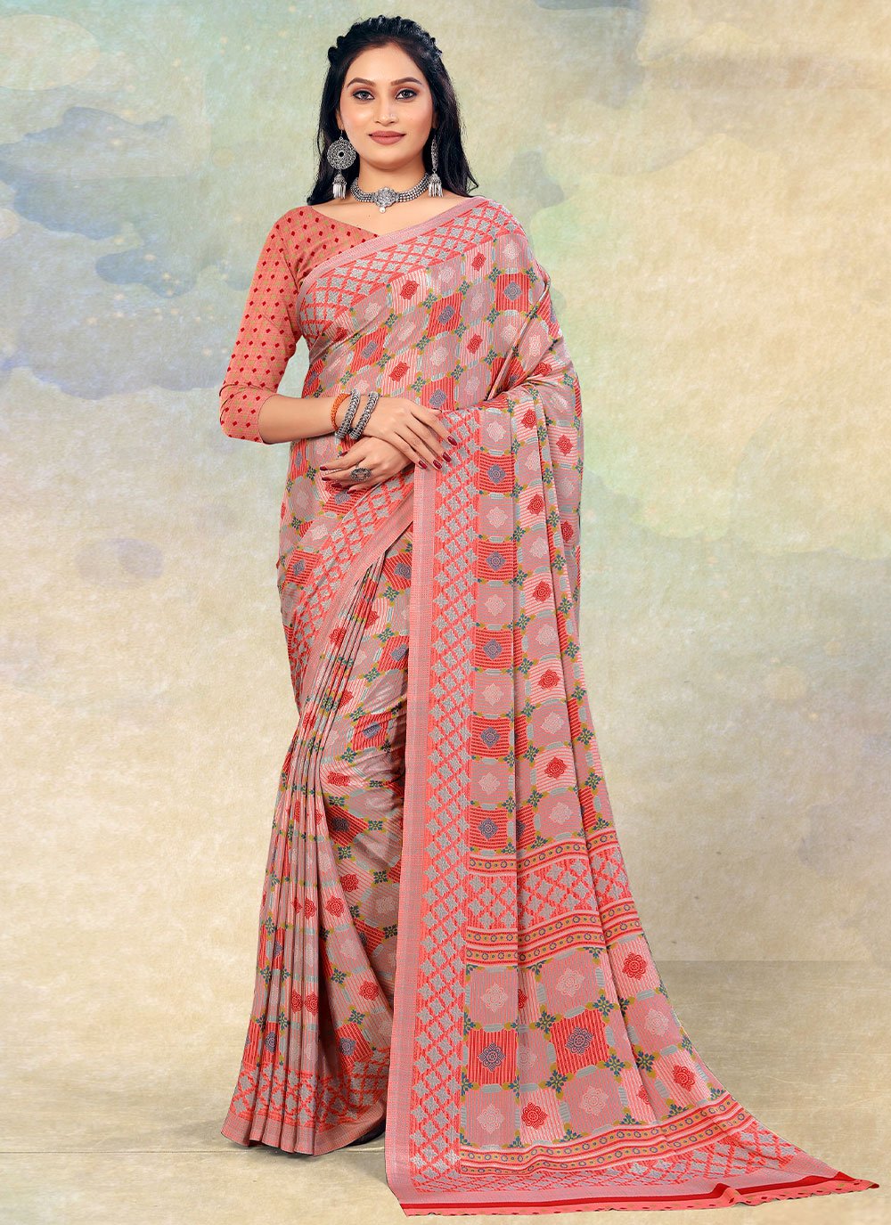 Vivacious Pink Printed Faux Crepe Classic Saree