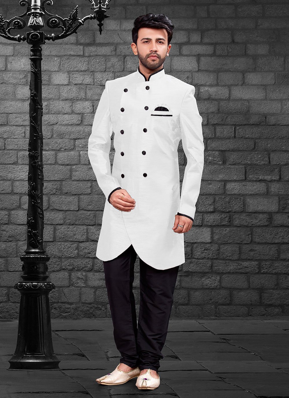 White Buttons Art Dupion Silk Indo Western