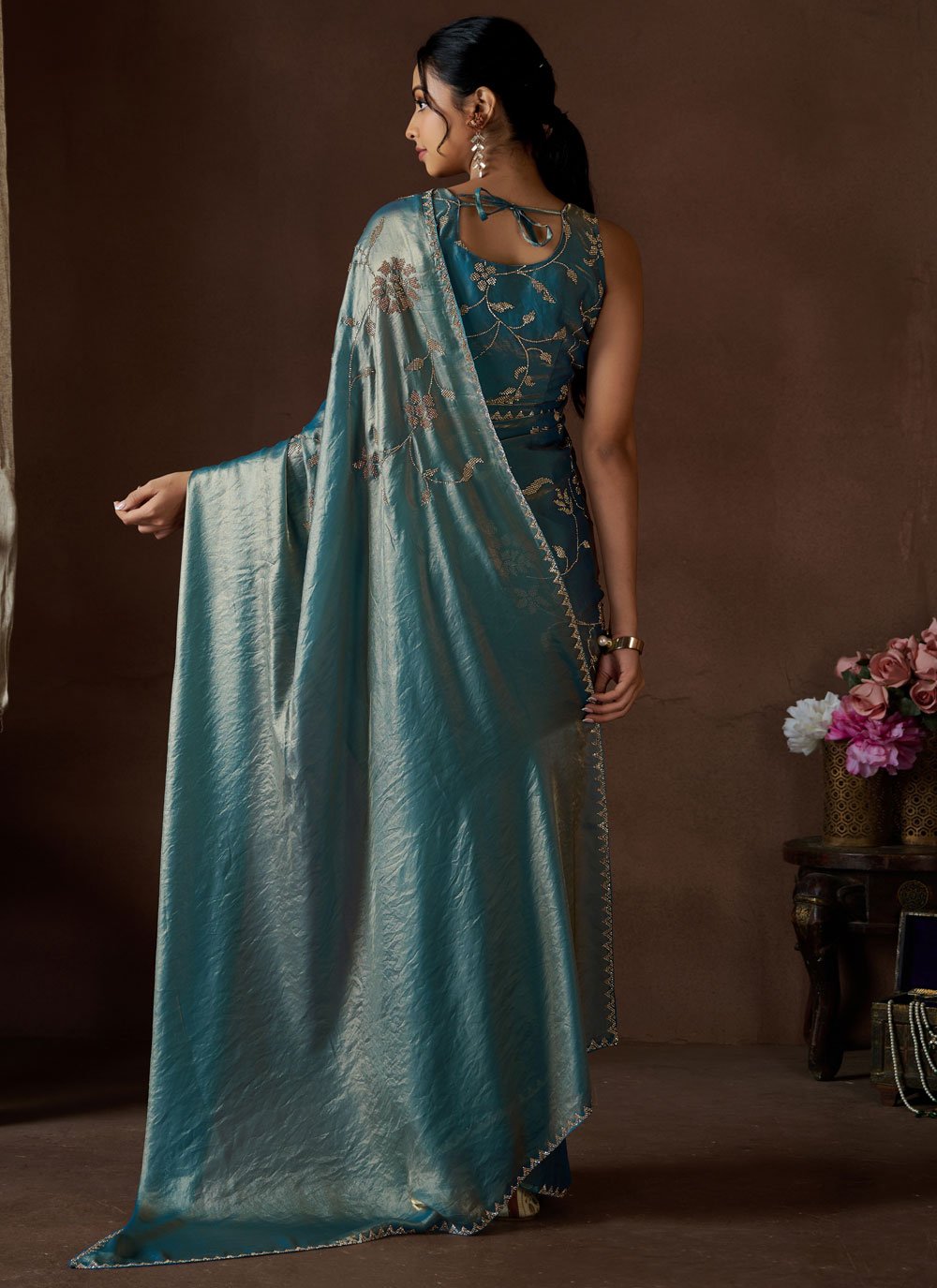 Attractive Cutdana Blue and Firozi Satin Silk Classic Saree