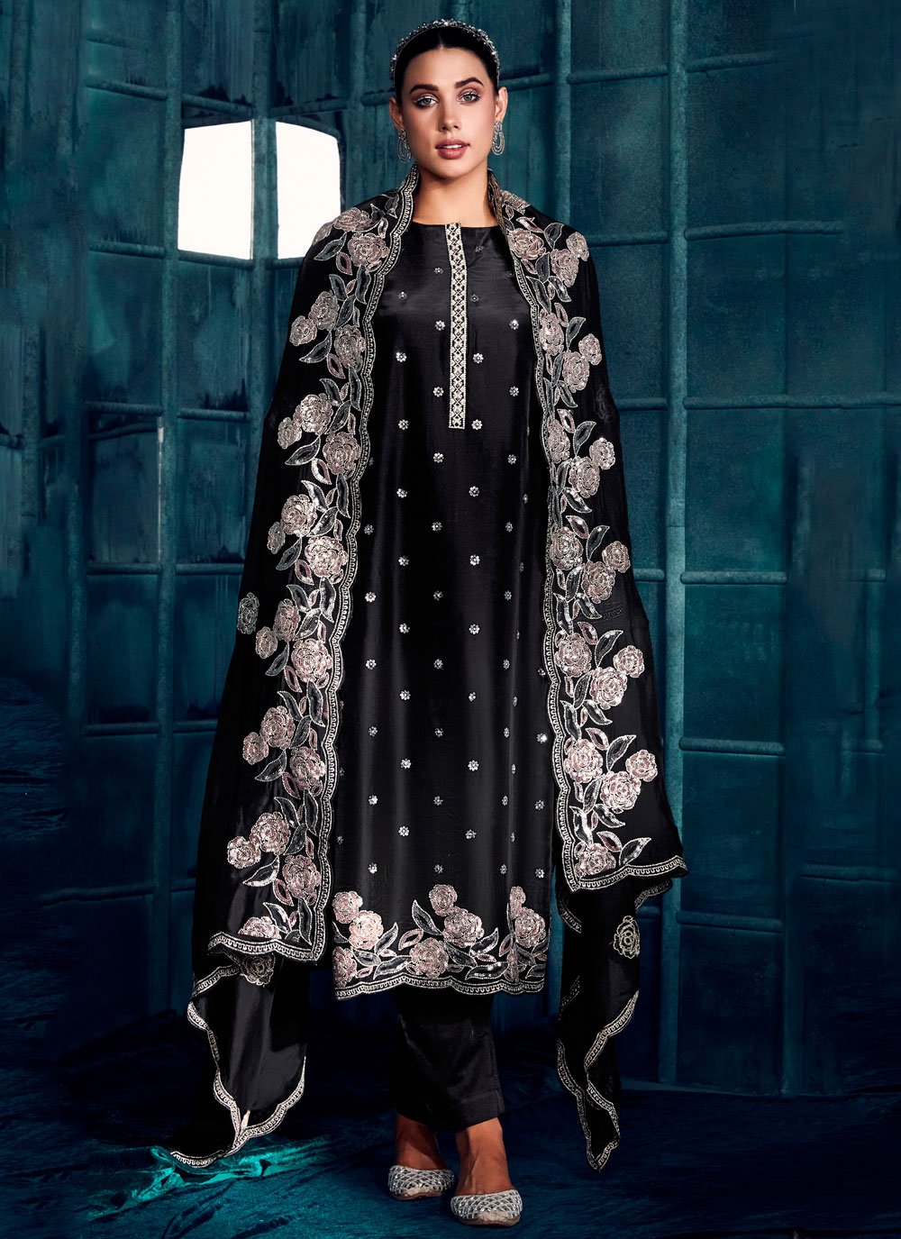 Black Ceremonial Silk Pakistani Salwar Kameez