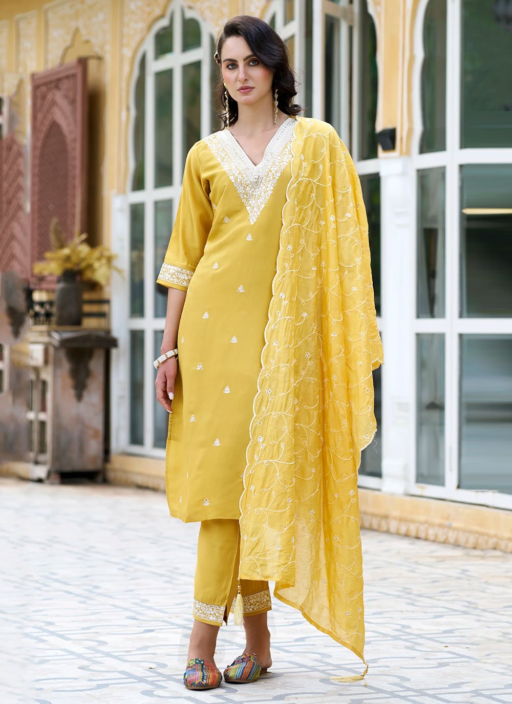 Celestial Yellow Embroidered Silk Blend Trendy Salwar Kameez