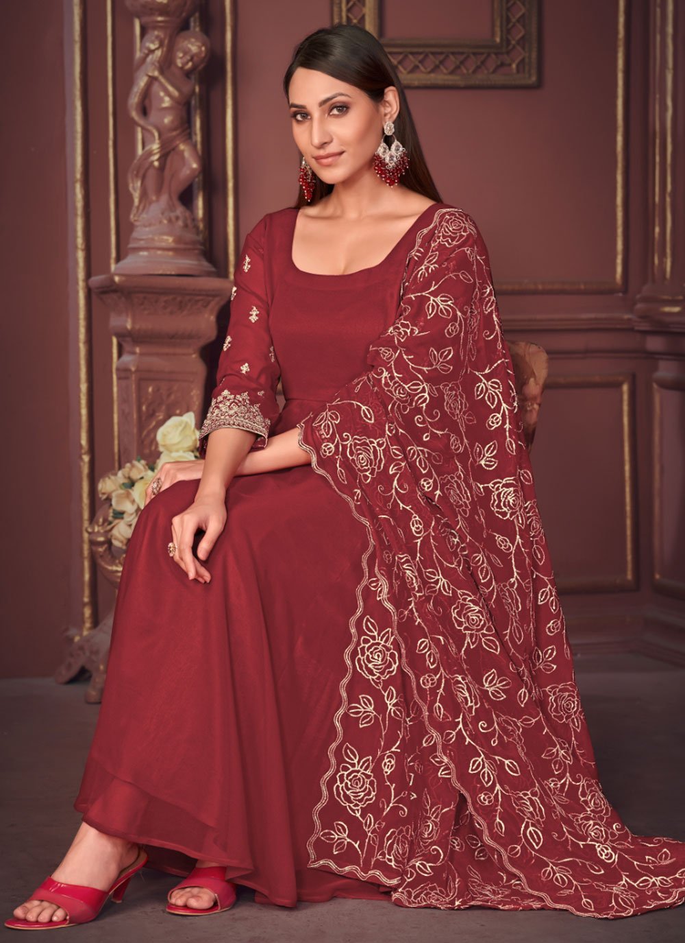 Dignified Georgette Maroon Salwar Suit - Anarkali Suits