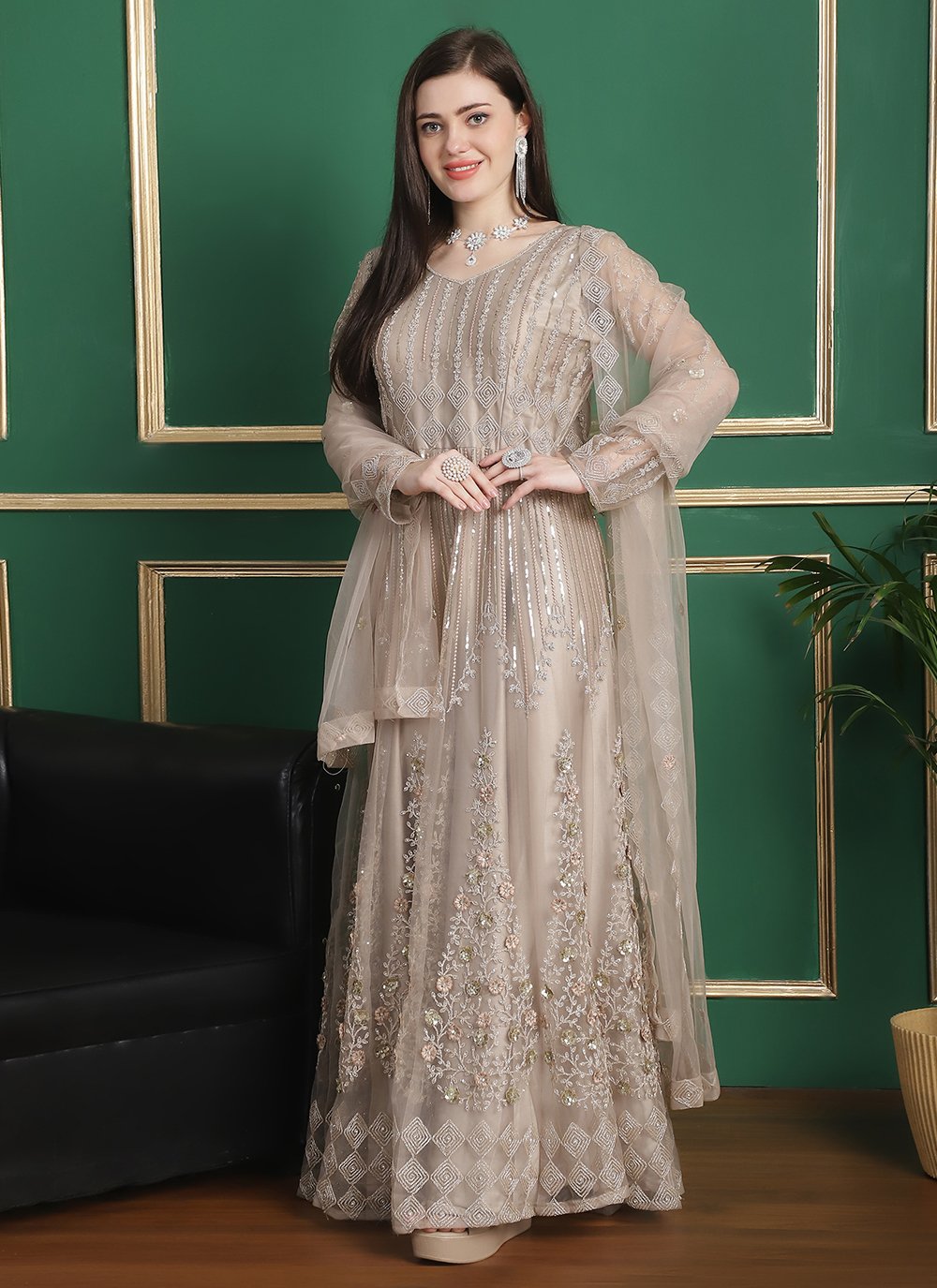 Distinguishable Brown Net Salwar Kameez