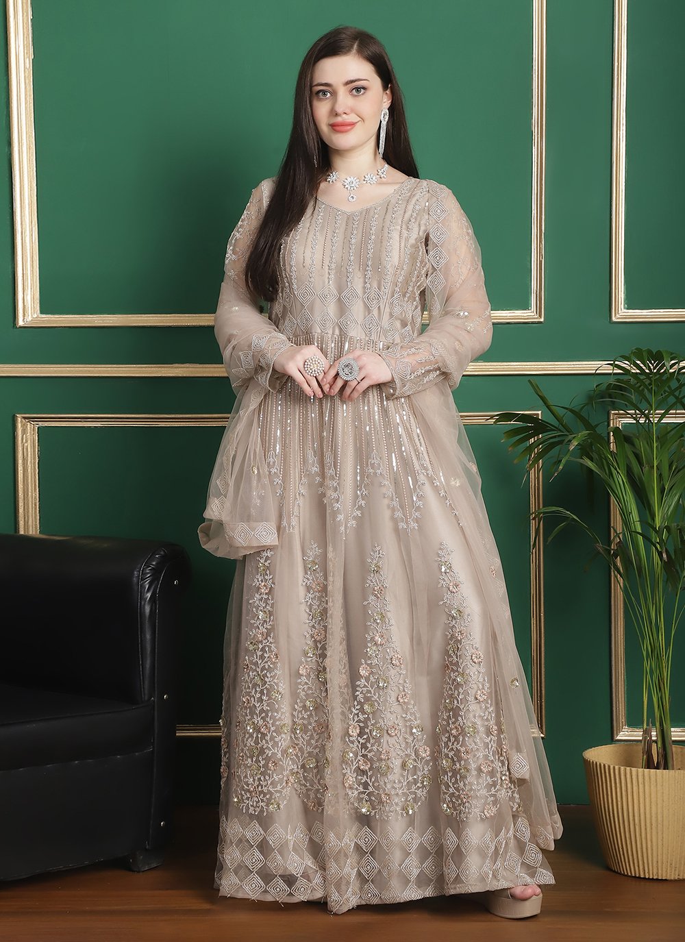 Distinguishable Brown Net Salwar Kameez