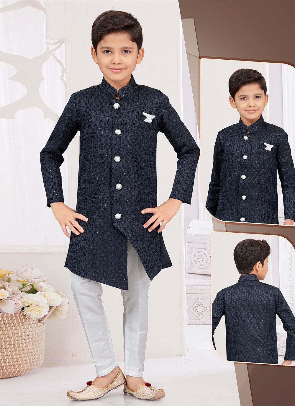 Exciting Jacquard Navy Blue Fancy Sherwani
