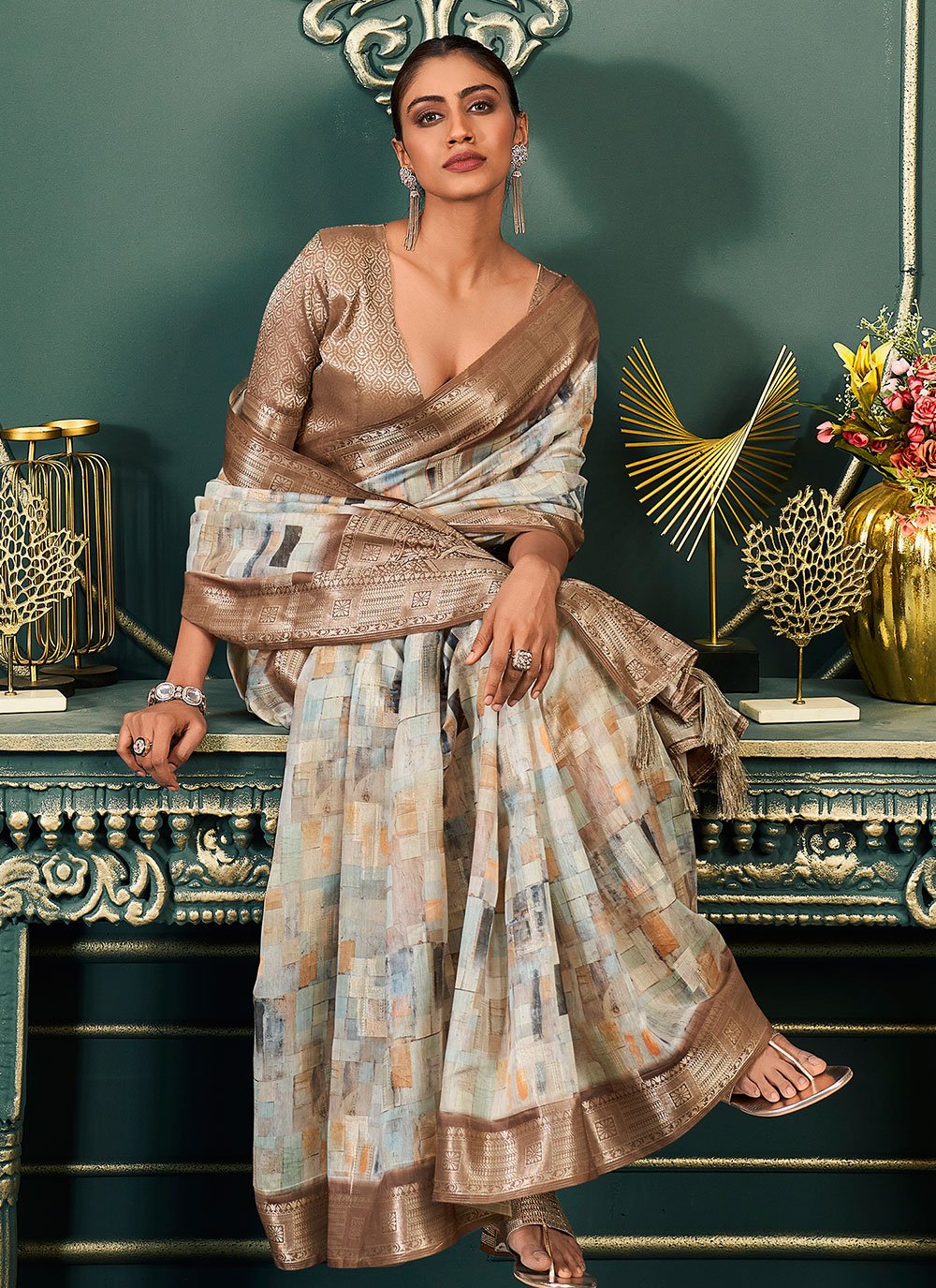 Exotic Digital Print Brown Classic Saree