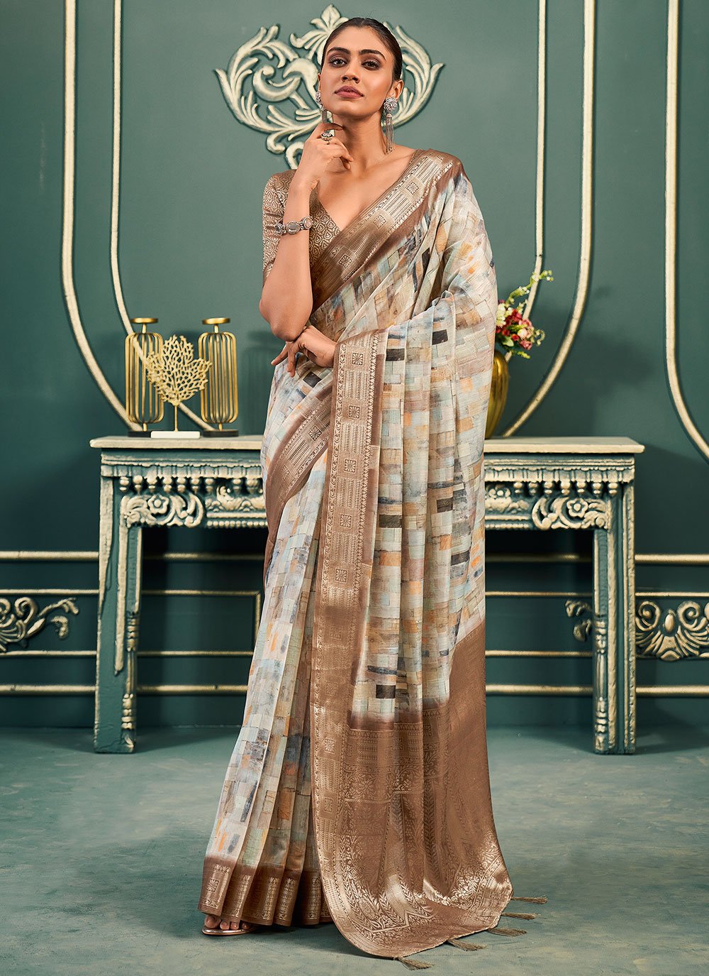 Exotic Digital Print Brown Classic Saree