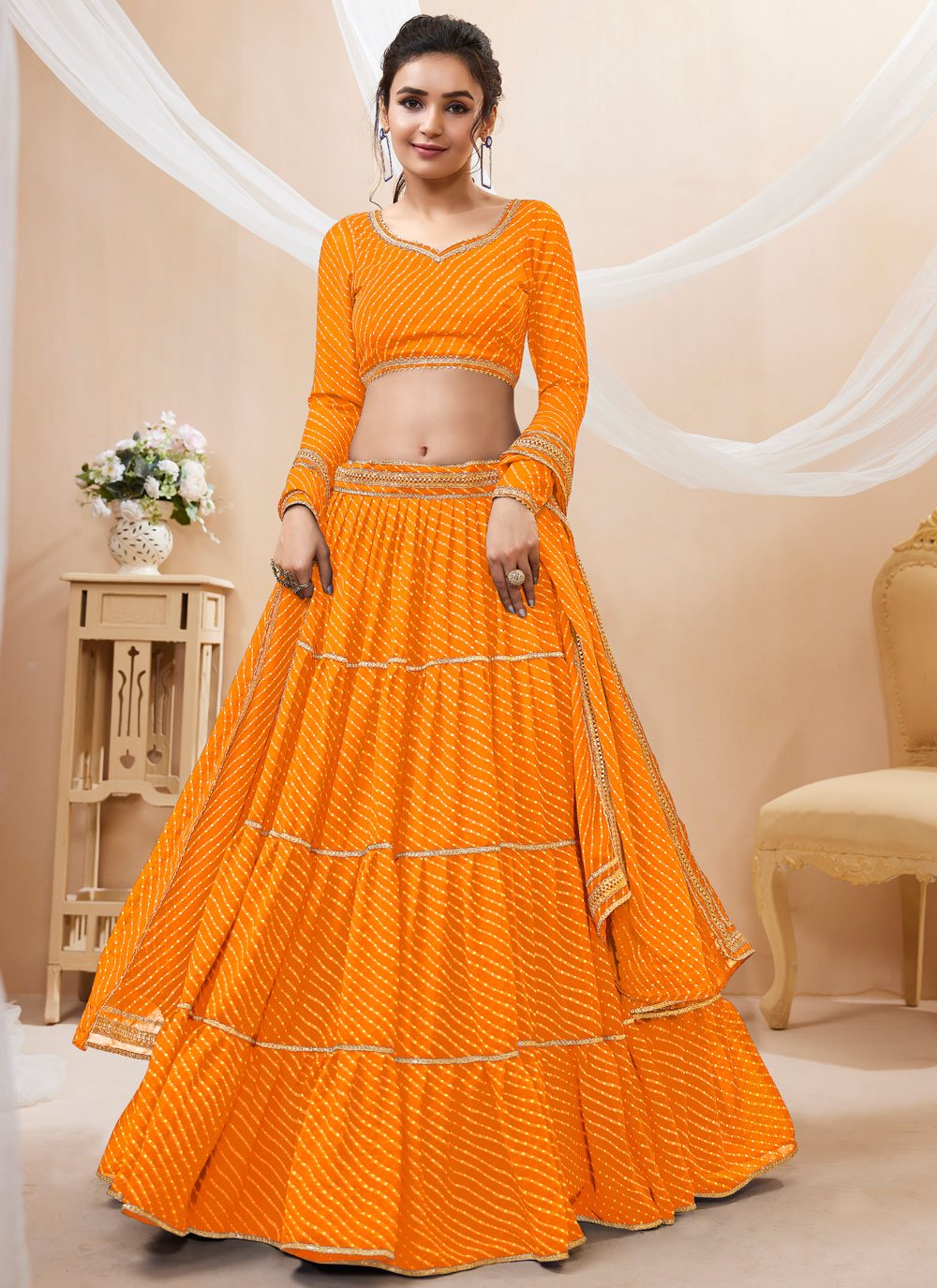 Georgette Lace Lehenga Choli in Yellow