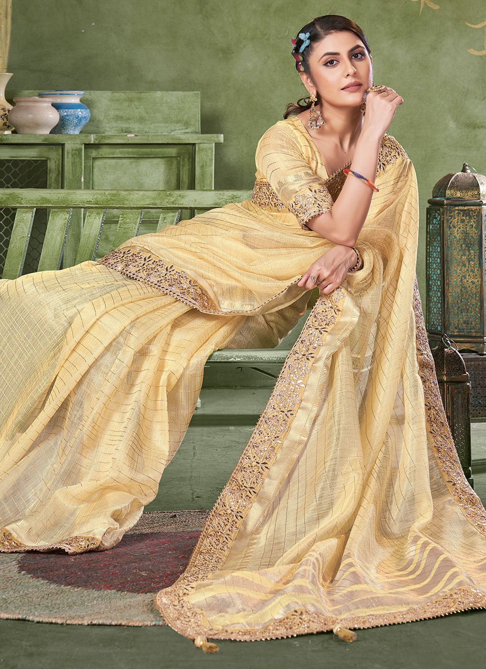 Gold Stripe Print Classic Saree