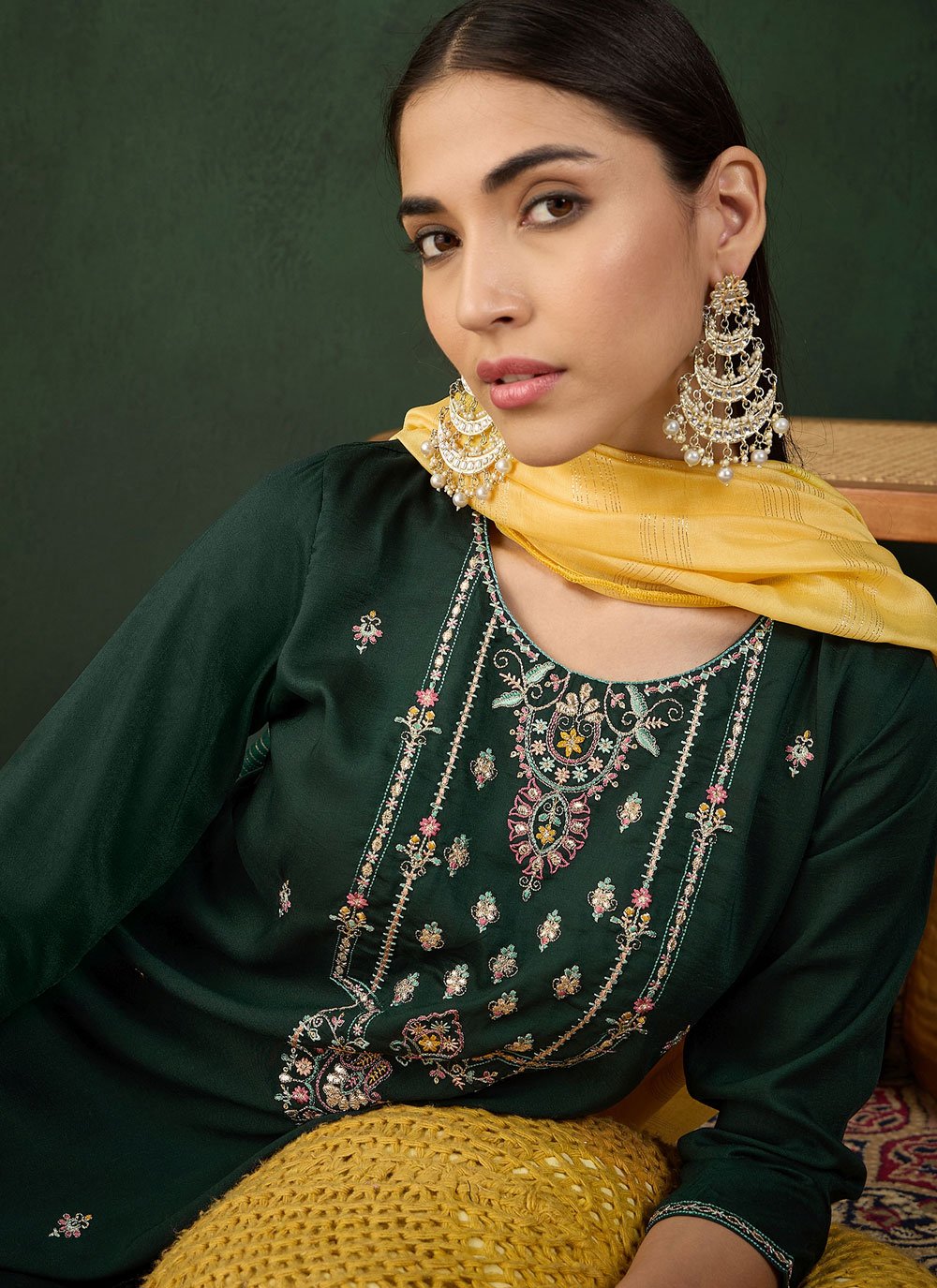 Green Chinon Embroidered Readymade Salwar Kameez