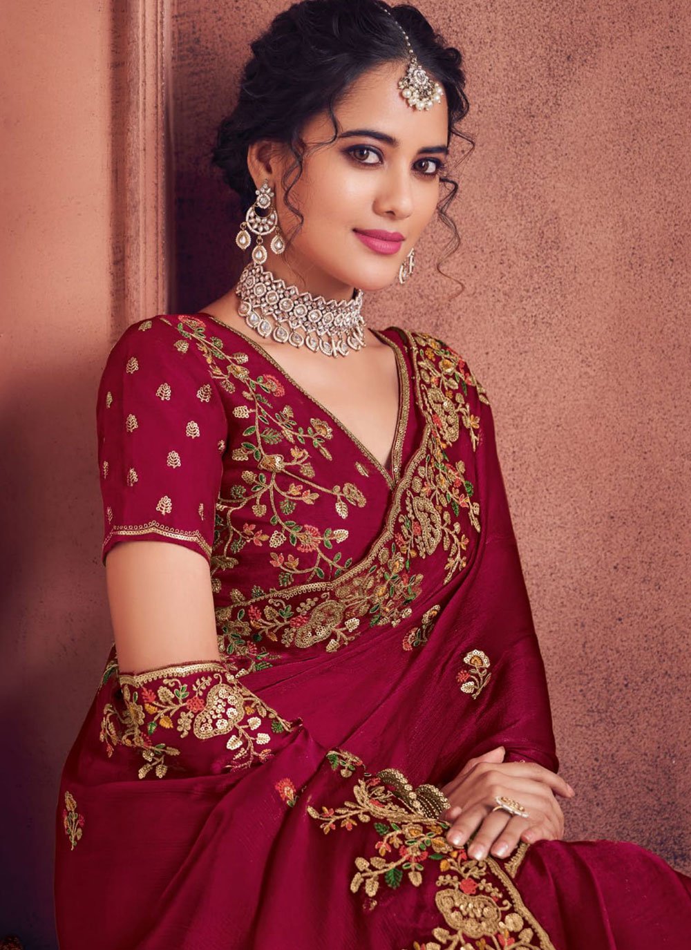 Maroon and Rani Ceremonial Traditional Saree