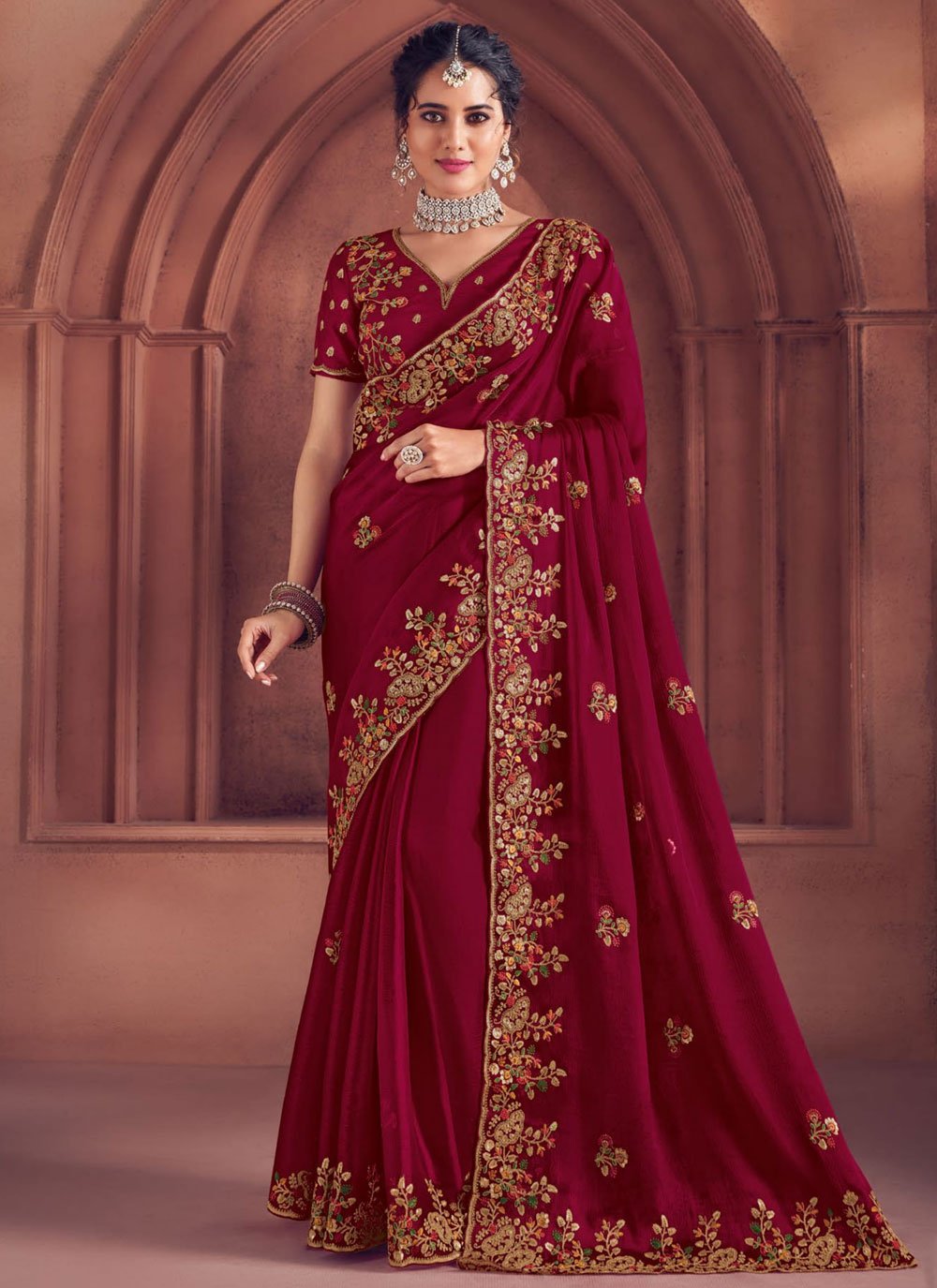 Maroon and Rani Ceremonial Traditional Saree
