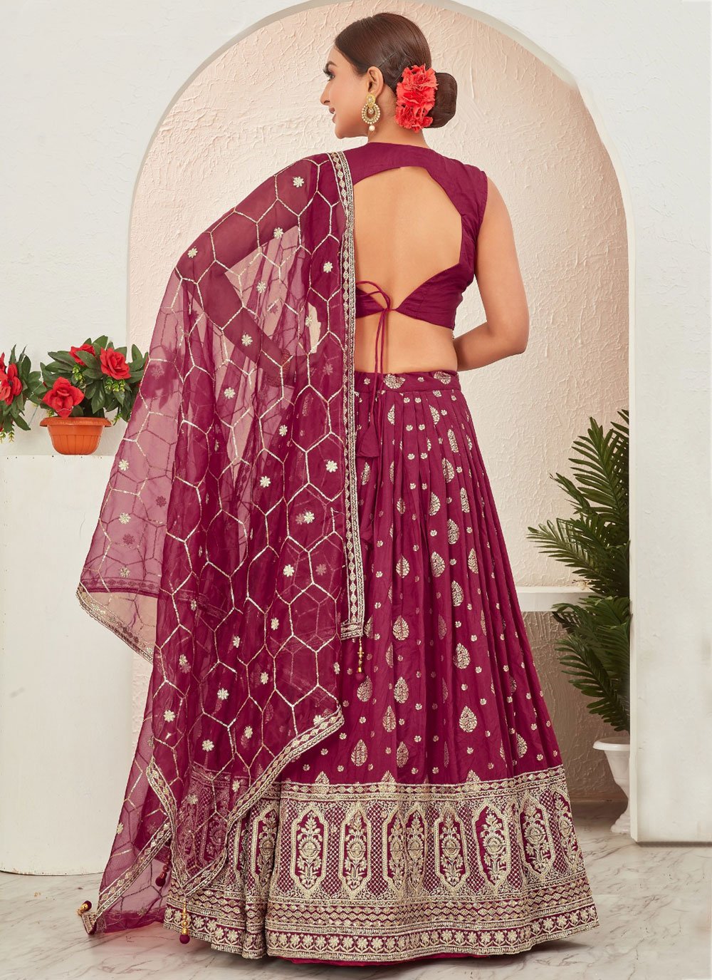 Maroon and Rani Embroidered Engagement Readymade Lehenga Choli