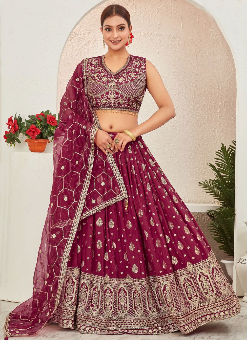 Maroon and Rani Embroidered Engagement Readymade Lehenga Choli