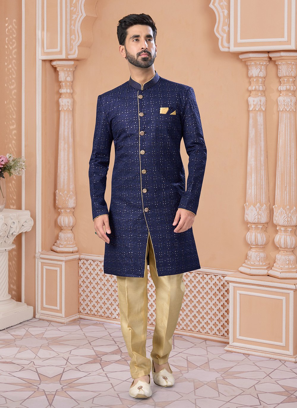Navy Blue Sequins Indo Western Sherwani