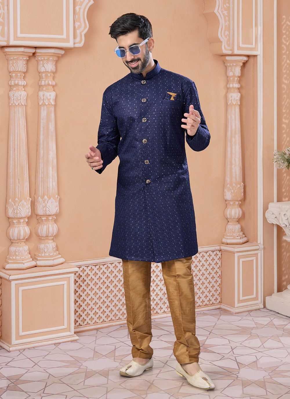 Navy Blue Thread Work Indo Western Sherwani