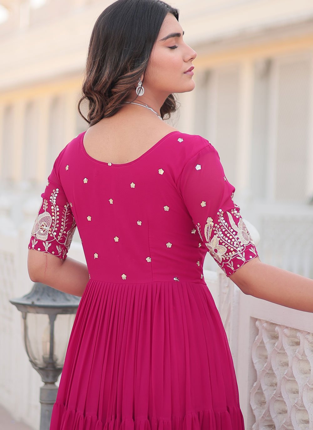 Pink Faux Georgette Embroidered Readymade Trendy Gown