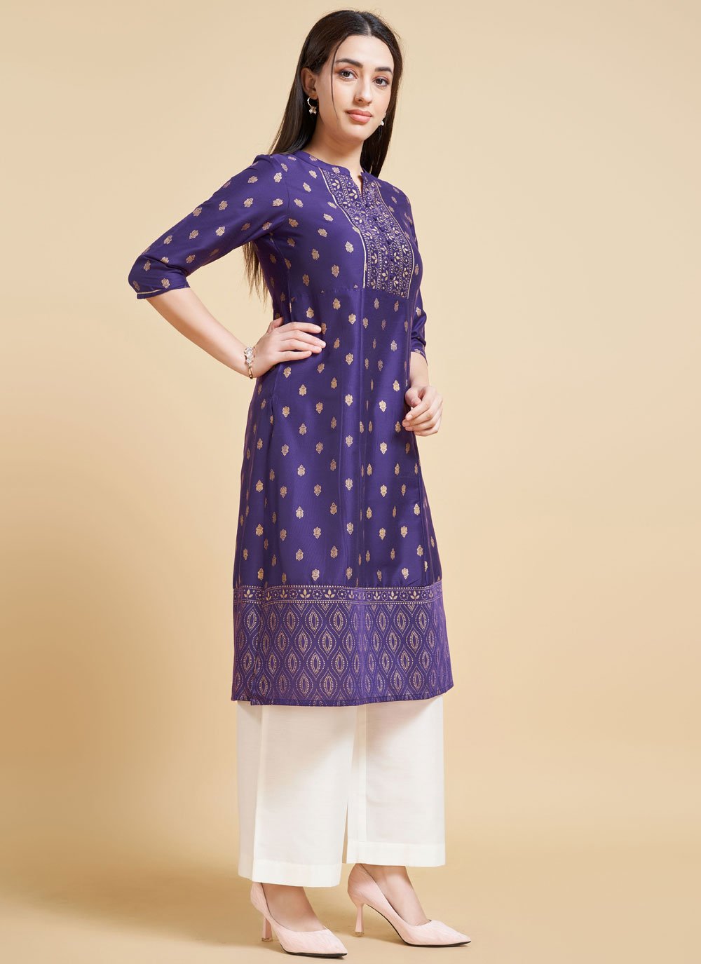 Prominent Polyester Foil Print Navy Blue Party Wear Kurti