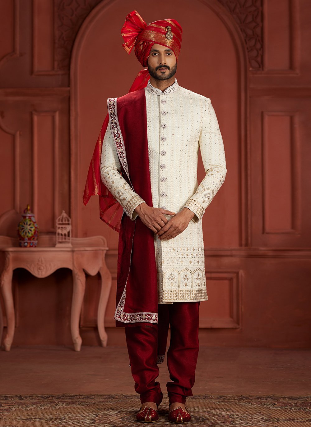Pure Silk Cream and Maroon Sherwani