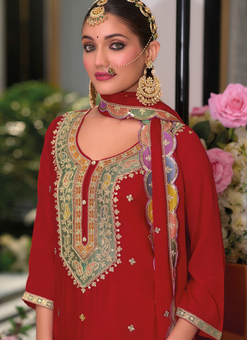 Red Embroidered Ceremonial Readymade Salwar Kameez
