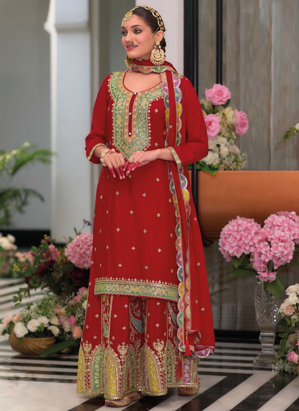 Red Embroidered Ceremonial Readymade Salwar Kameez