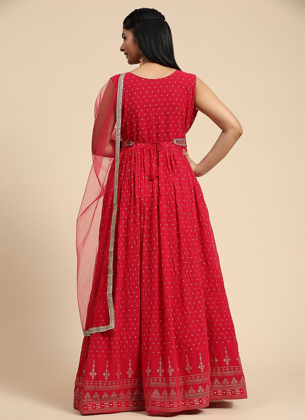 Red Georgette Ceremonial Designer Gown