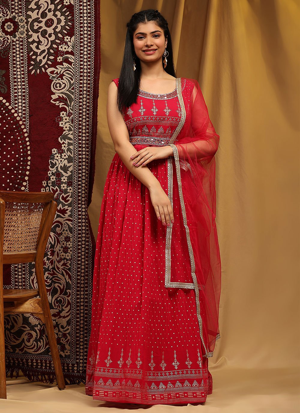Red Georgette Ceremonial Designer Gown
