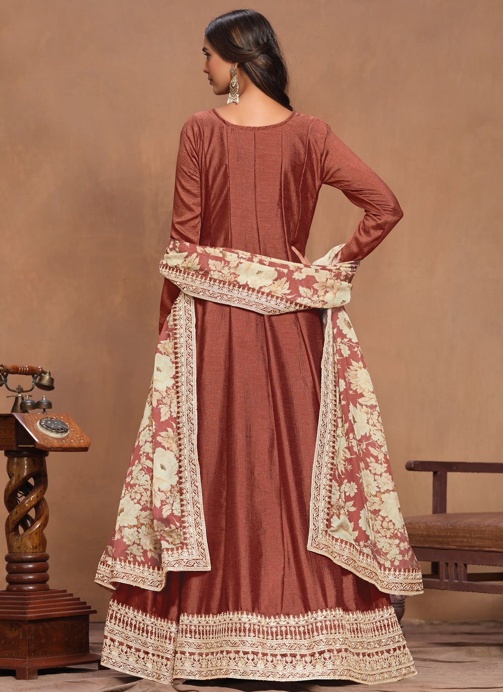 Rust Art Silk Mehndi Gown