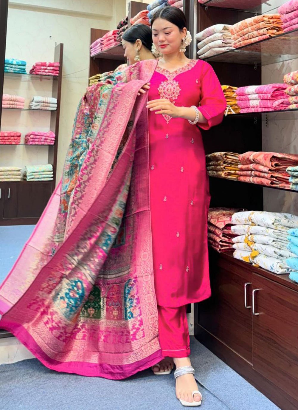 Superb Pink and Rani Readymade Salwar Kameez