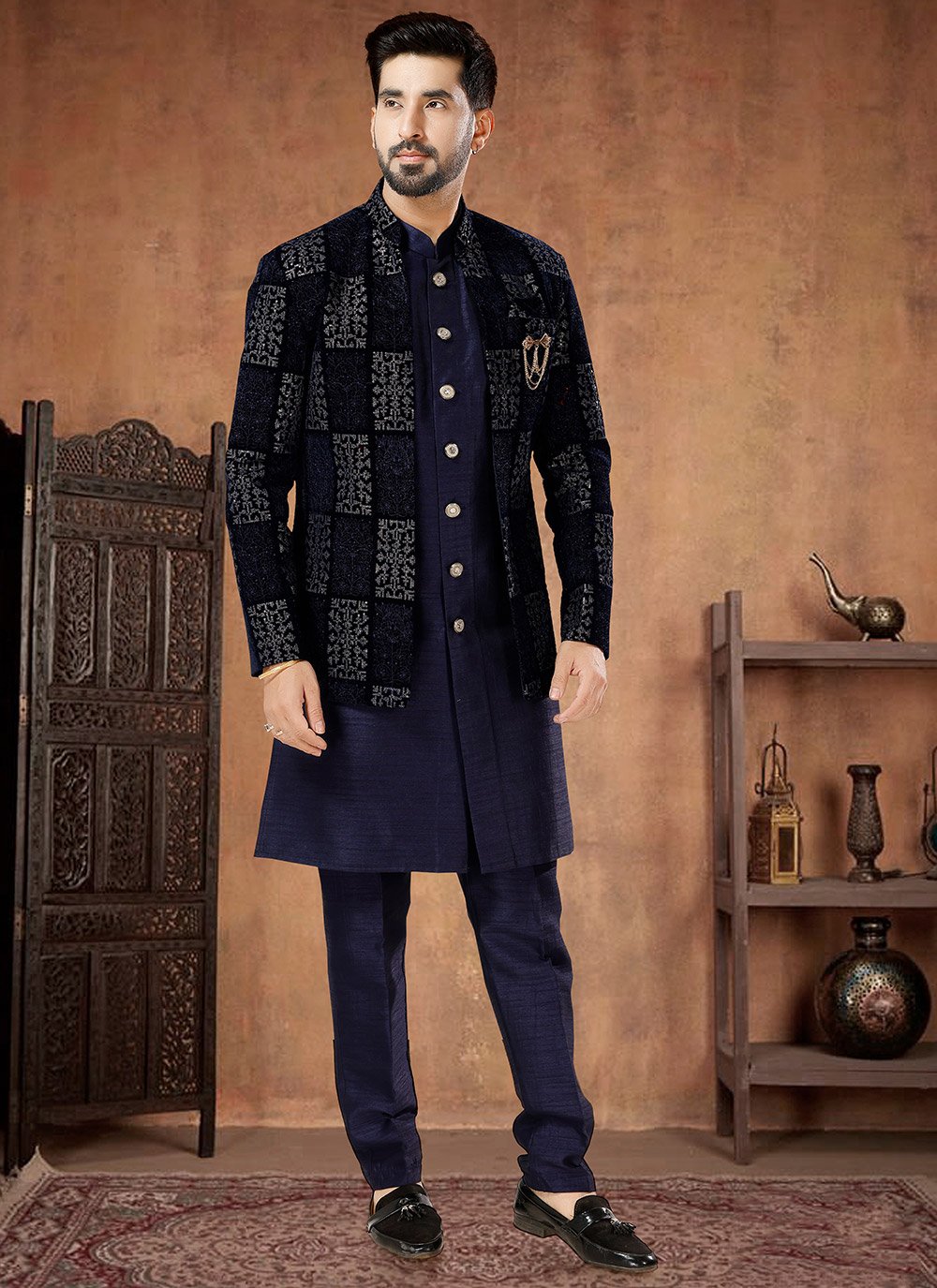 Velvet Embroidered Indo Western in Navy Blue
