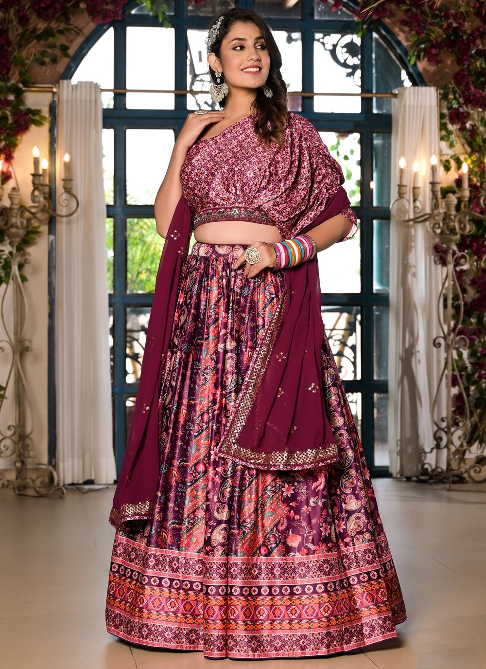 Wine Satin Readymade Lehenga Choli